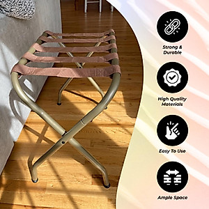 Kings Brand Furniture Anderson Folding Luggage Rack - Suitcase Stand With Storage Shelf - Folding Luggage Rack for Guest Room and Bedroom - Sturdy Portable and Stylish Metal Suitcase Stand - Gold