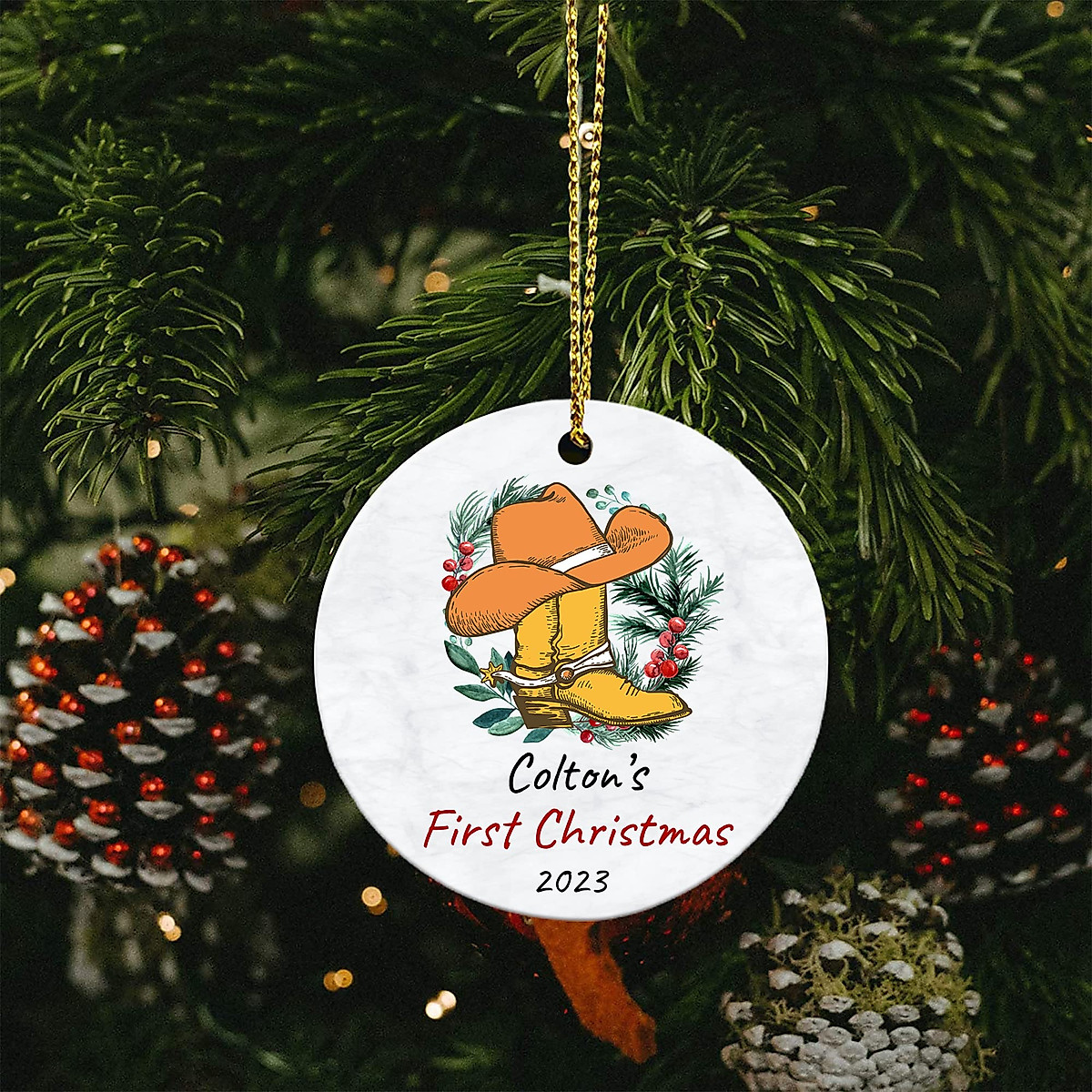 MeMate Personalized Babys First Christmas 2023 Ceramic Ornament, Western Baby's 1st Christmas Ornaments Keepsake, Cowboy Baby Name Ornaments, Christmas Decoration for Newborn