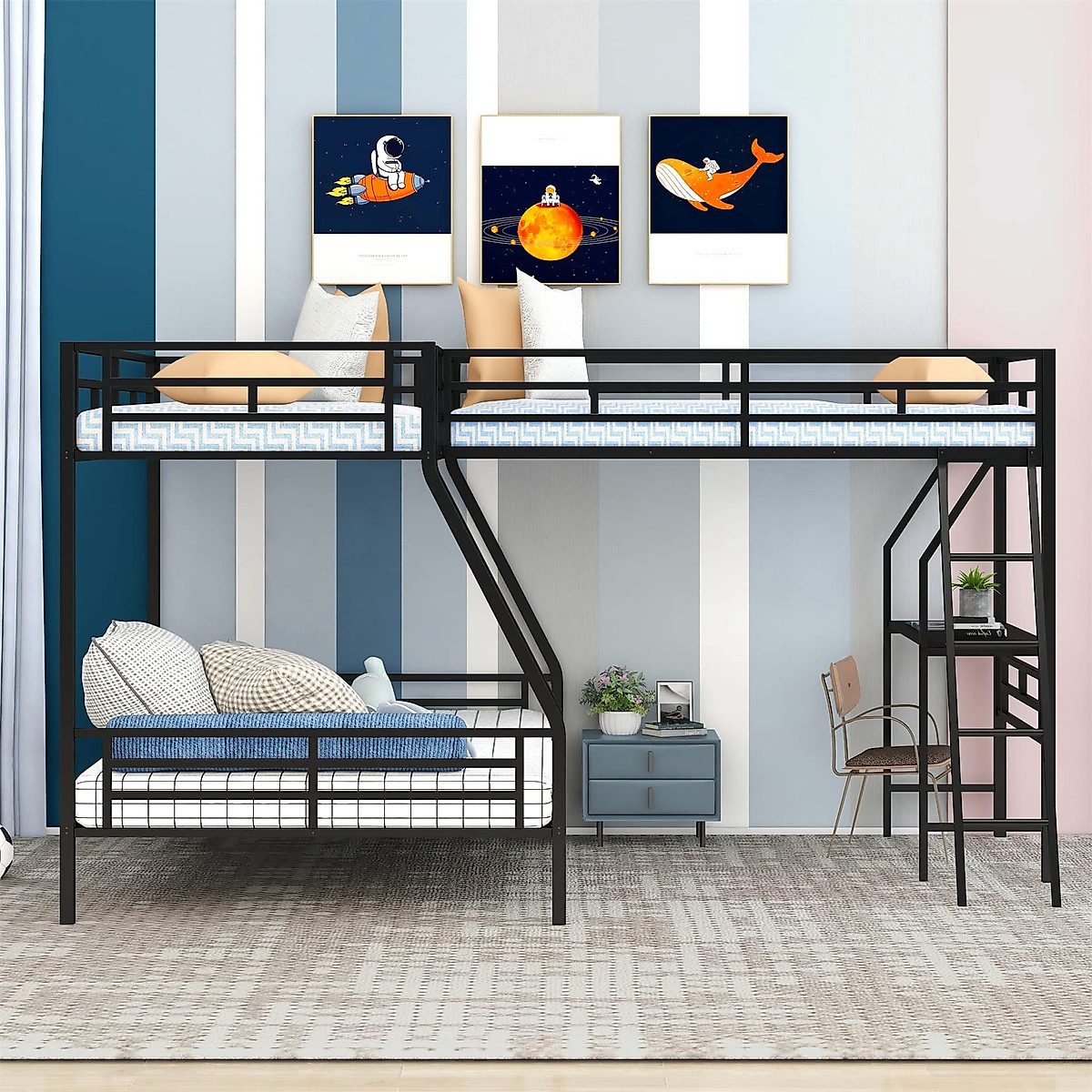 Triple Bunk Beds Twin Over Full Bunk Bed Attached a Loft Bed with Desk L-Shape Triple Loft Bed Metal Frame for Dorm, Boys & Girls Teens Kids Adults, Black