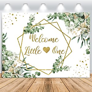 Newwiee 7 x 5 ft Greenery Baby Shower Theme Backdrop for Neutral Welcome Little One Photography Background Glitter Gold Lines Baby Shower Theme Photo Props for Gender Reveal Party
