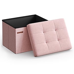 SONGMICS Small Folding Storage Ottoman, Foot Rest Stool, 12.2 x 16.1 x 12.2 Inches, 286 lb Load Capacity, for Living Room, Bedroom, Home Office, Dorm, Jelly Pink ULSF102R01