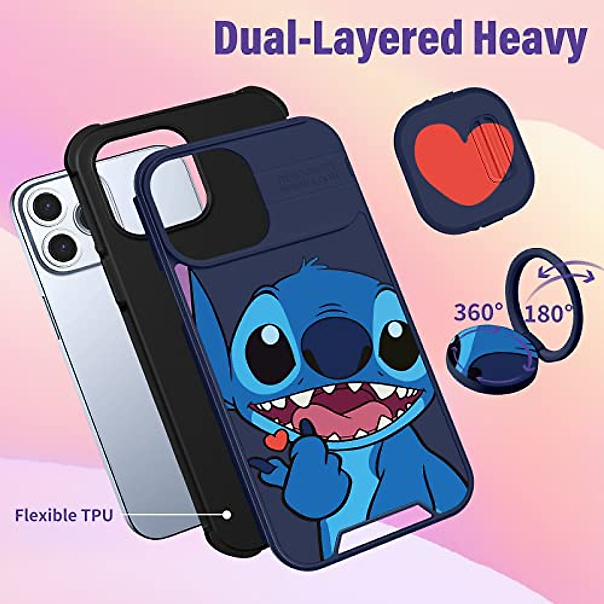 oqpa for iPhone 13 Pro Max Phone Case Cute Cartoon Phone Case for Women Girly Girl Cool Kawaii Funny 13 ProMax Case with Camera Cover+Ring Holder for Apple iPhone 13 Pro Max 6.7'', Heart Shidi