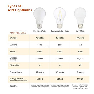 Amazon Basics A19 LED Light Bulb, 60 Watt Equivalent, Energy Efficient 12W, E26 Standard Base, Soft White 2700K, Dimmable, 10,000 Hour Lifetime , 6-Pack
