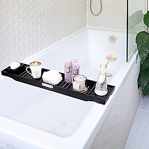 BUDFAY Bathtub Tray, Foldable Bamboo Bath Tray, Stylish Bathroom Accessories with Free soap Dish, Foot Brush, Bath Ball (Black)