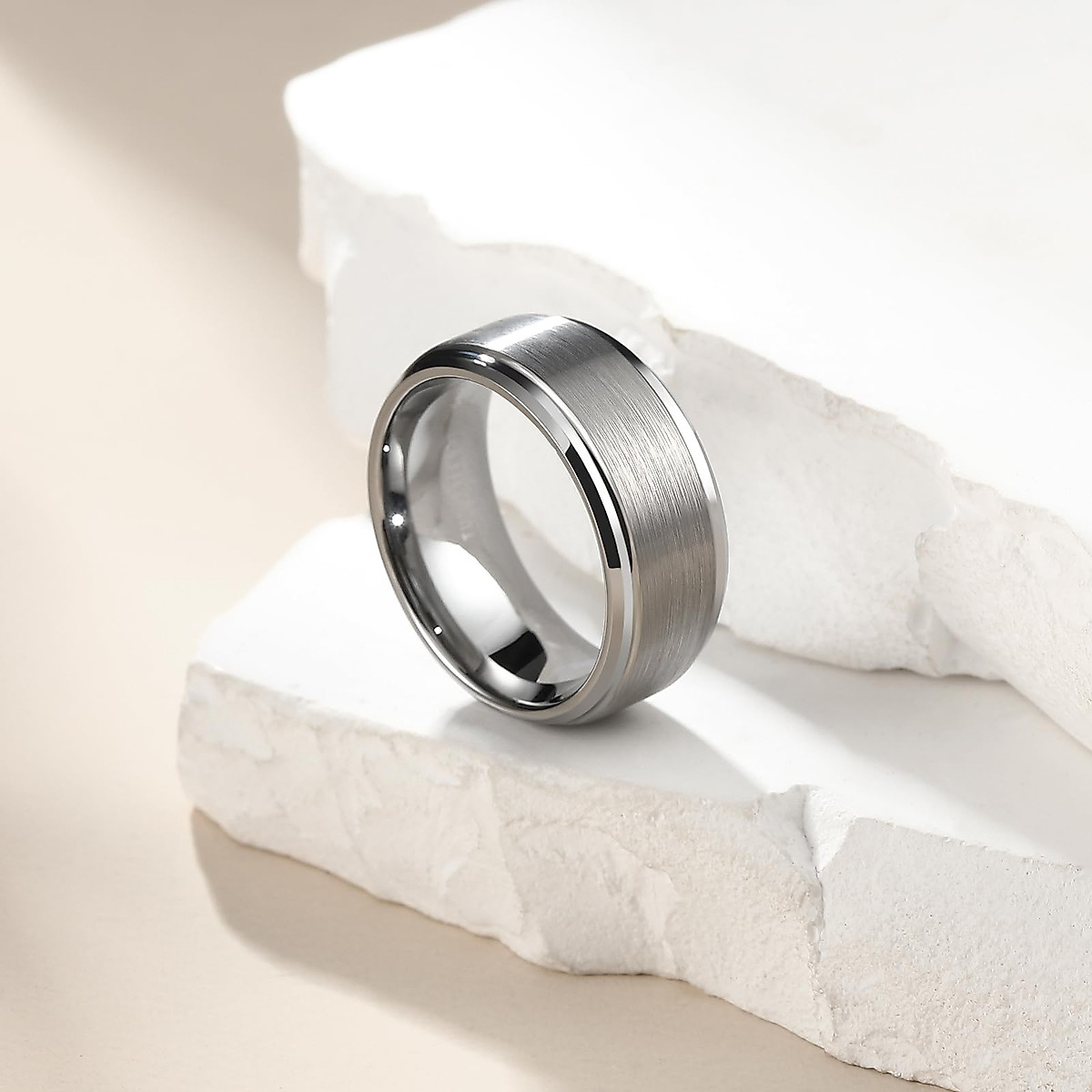 King Will BASIC Men's Tungsten Carbide Ring 8mm Polished Beveled Edge Matte Brushed Finish Center Wedding Band(11)