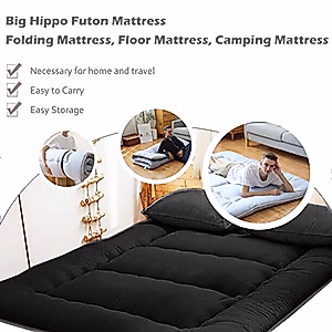 Big Hippo Japanese Floor Mattress, Bonus 2 Pack Washable Mattress Protector, Japanese Futon Mattress Foldable Mattress, Roll Up Mattress Tatami Mat, Portable for Camping, Black, Full Size