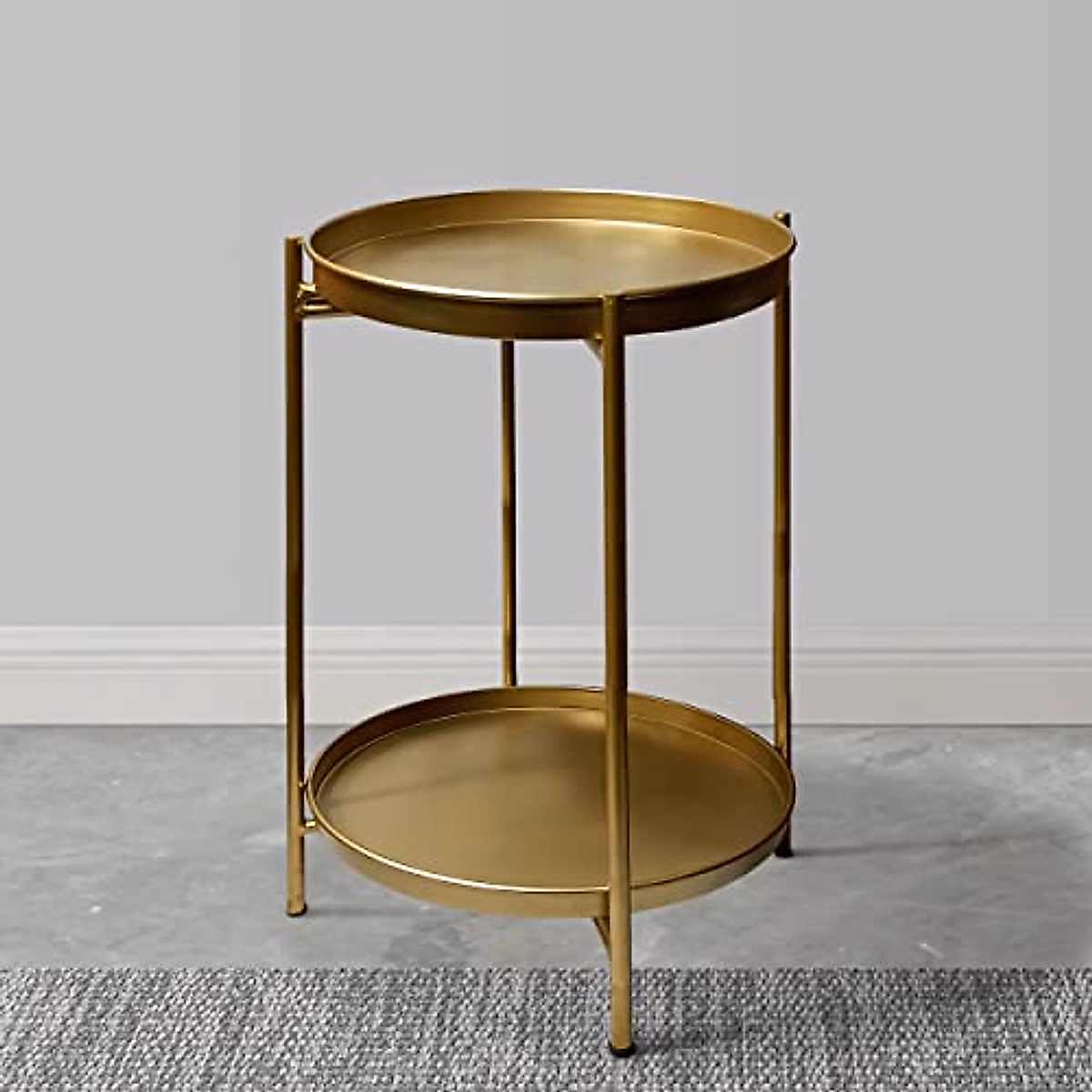 The Urban Port 20-Inch High Round Side End Table with 2-Tier Iron Frame, Matte Gold