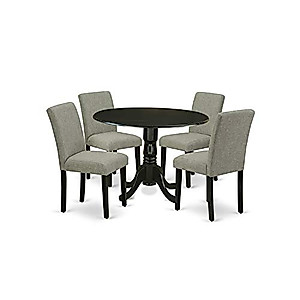 East West Furniture DLAB5-BLK-06 5Pc Round 42" Kitchen Table With Two 9-Inch Drop Leaves And Four Parson Chair With Black Leg And Linen Fabric Shitake, 5-Piece
