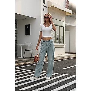 GIISAM Women's Baggy Jeans Disstressed Destroyed Vintage Pants Loose Wide-Leg High Waist Light Blue Denim Trousers