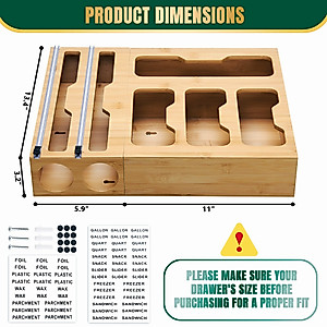 MG CUSTOM GOODS Bamboo Ziplock Bag Organizer & Plastic Wrap Dispenser with Cutter, 6 IN 1 Magnetic Kitchen Drawer Organizer for Gallon, Quart, Sandwich, Snack Bags