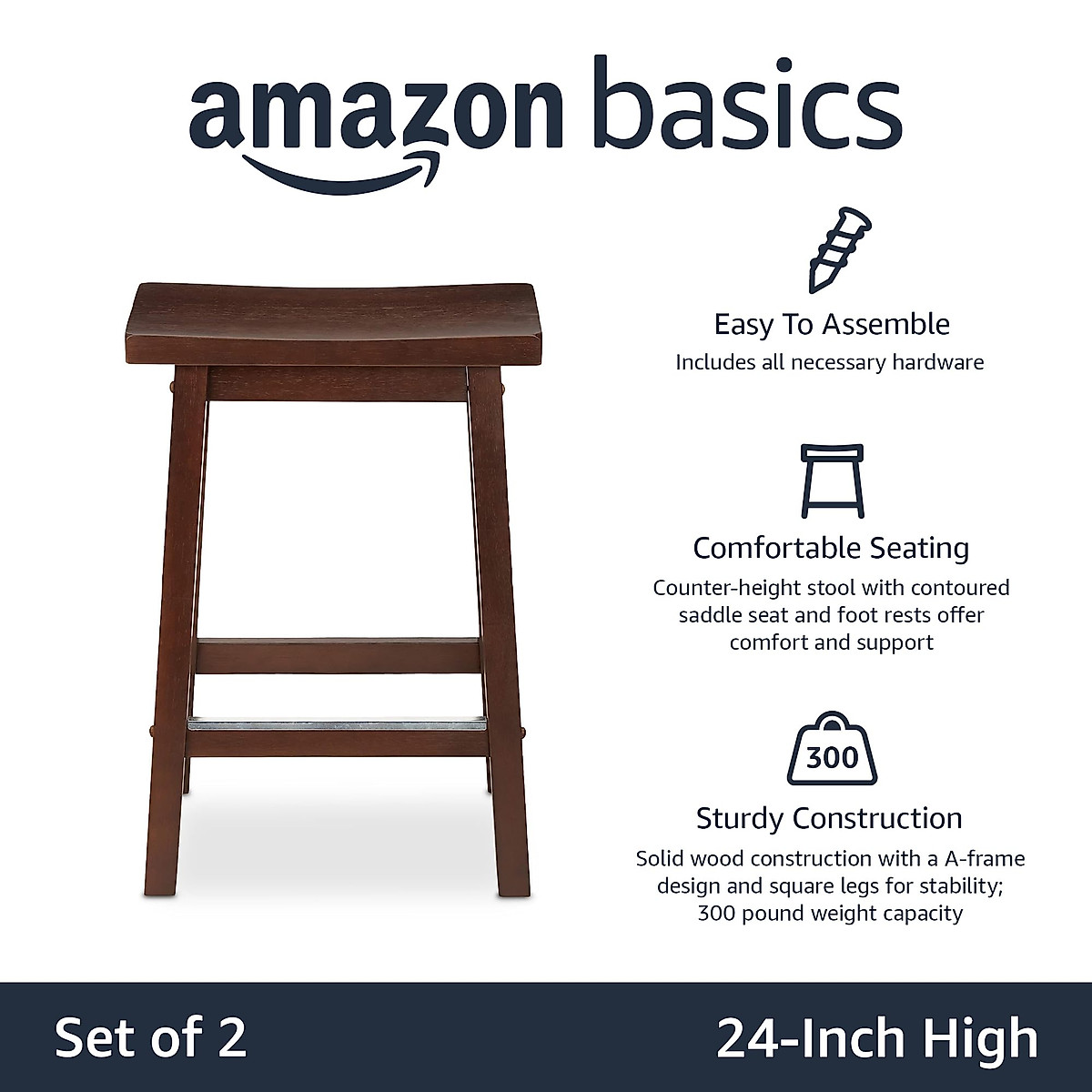 Amazon Basics Solid Wood Saddle-Seat Kitchen Counter-Height Stool - Set of 2, 24" Counter Stool, Walnut Finish