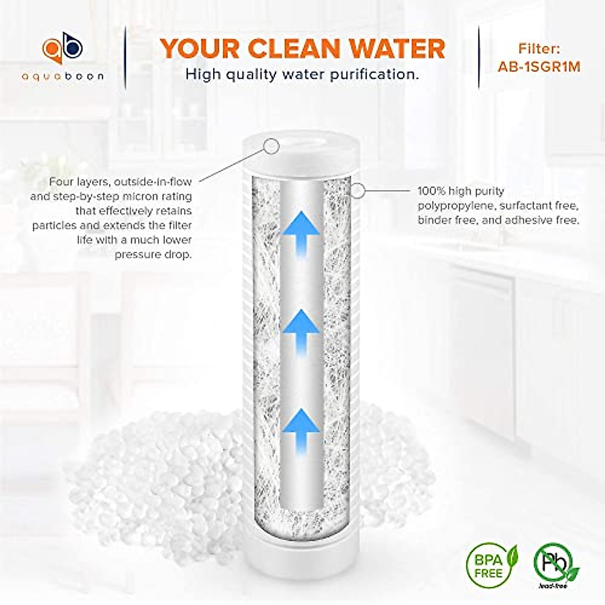 Aquaboon 1 Micron 10" x 2.5" Grooved Sediment Water Filter Replacement Cartridge for Any 10 inch RO Unit, Whole House Sediment Filtration, Compatible with P5, AP110, WFPFC5002, CFS110, RS14, 6-Pack