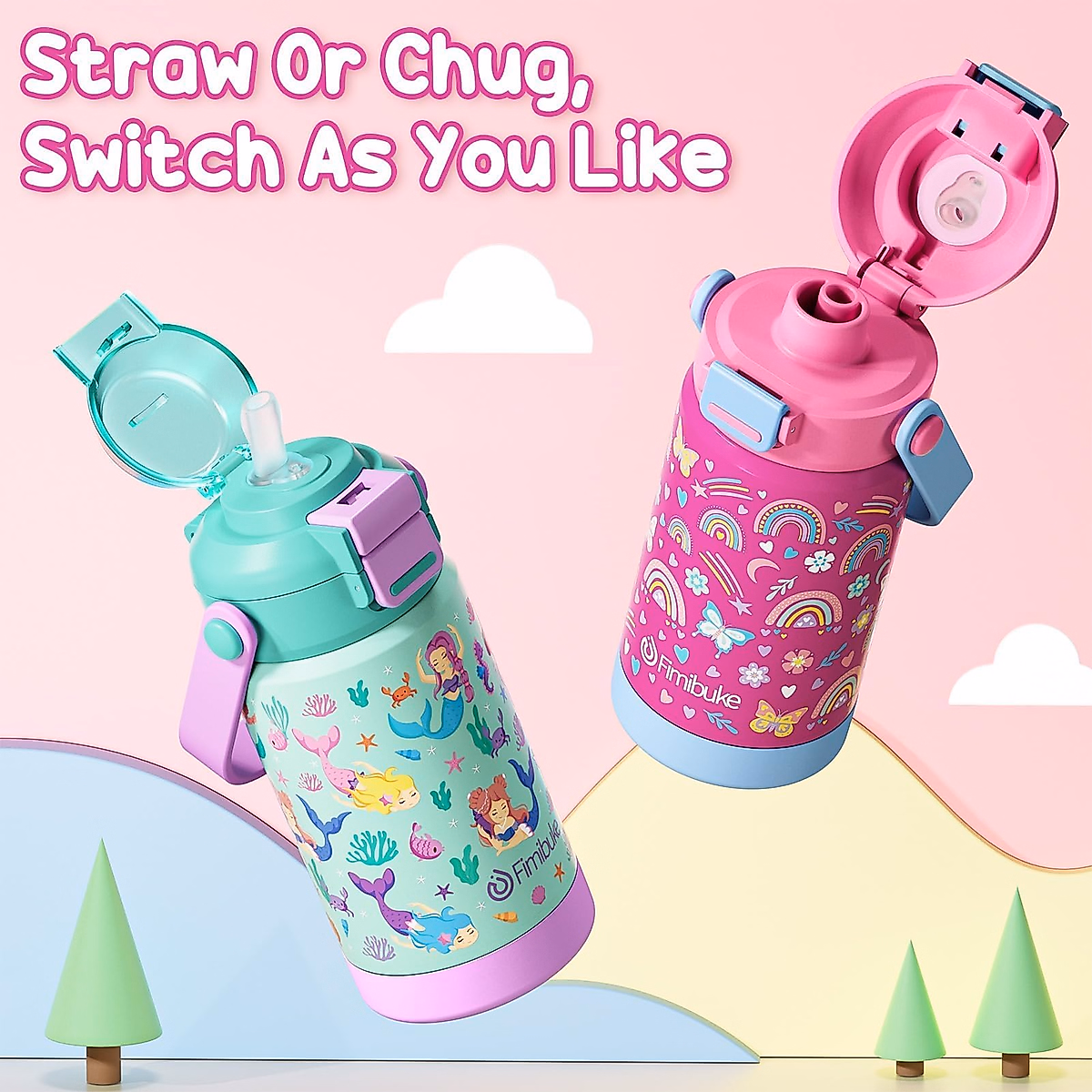 Kids Water Bottle with Straw & Chug(2-in-1 Lid), 14oz Kids Insulated 18/8 Stainless Steel Water Bottle for School Girls Boys Toddler Water Bottle Leak Proof & Spill Proof Kids Cups (2, C1.Macaron)
