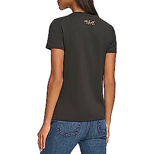 Karl Lagerfeld Paris Women's Logo Tee Zipper Shoulder Detail Short Sleeve, Black