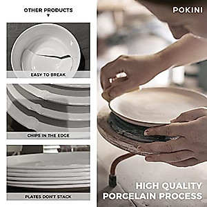 Pokini White Dinnerware Sets, 12-Piece Threaded Relief Kitchen Dinner Set, Plates, Bowls, Service for 4, Porcelain Round Embossed Dish Set with Cafe Stripe