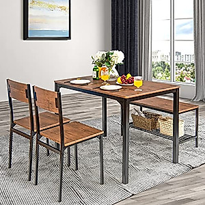 Tangkula 4-Piece Dining Table Set, Kitchen Table with Bench and Chairs, Metal Frame, Space-Saving Furniture, Modern 4-Person Dinette for Kitchen, Dining Room