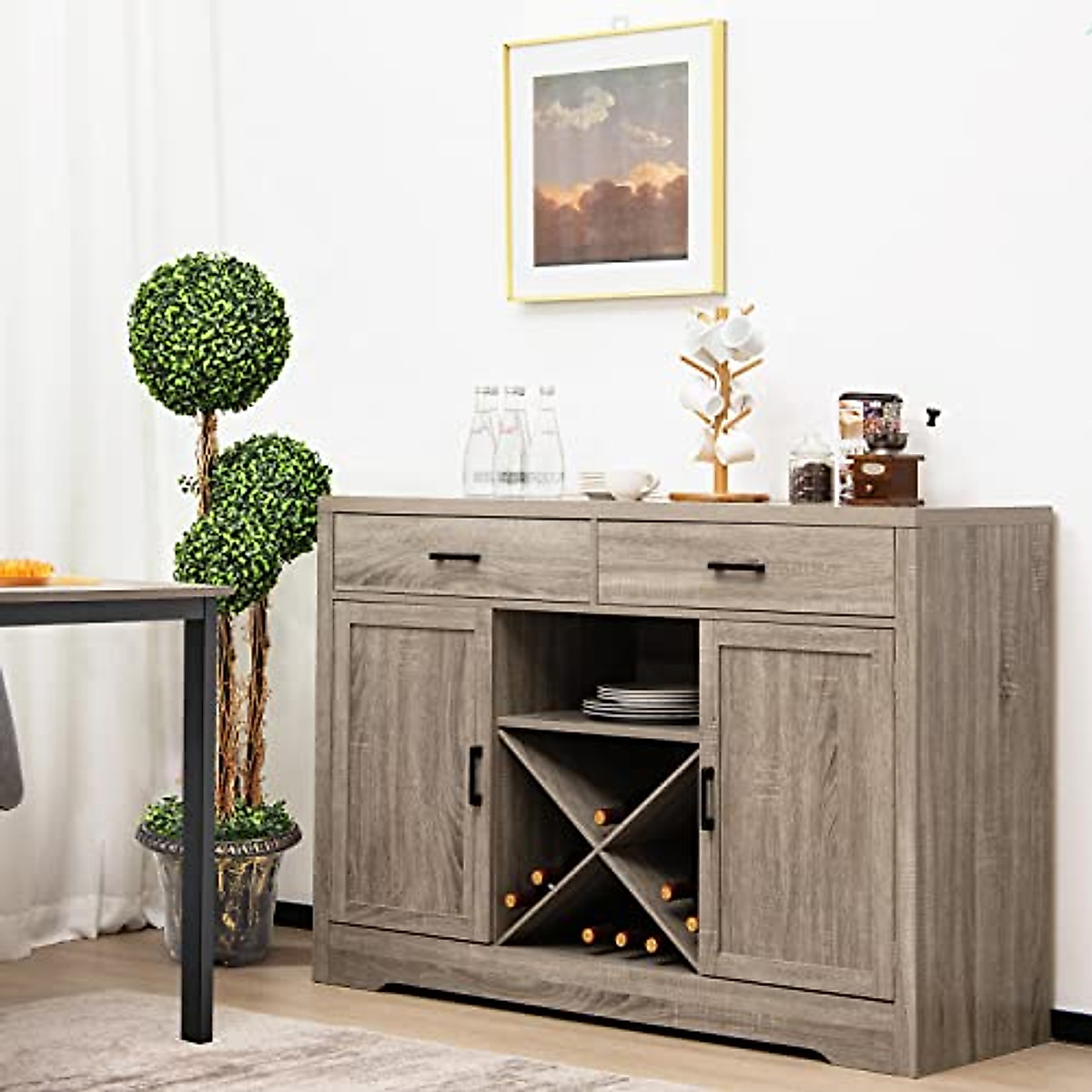 Giantex Buffet Cabinet, Farmhouse Sideboard with 2 Large Storage Drawers, Detachable Wine Rack, Wooden Kitchen Pantry Cupboard Credenza, Storage Cabinet for Living Room (Gray)