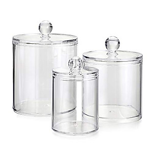 Hipiwe Set of 3 Cotton Ball and Swab Organizer with Lid - Apothecary Acrylic Jar Makeup Cotton Organizer Q-Tips Holder Bathroom Vanity Storage Canister Jar for Cotton Rounds Pads