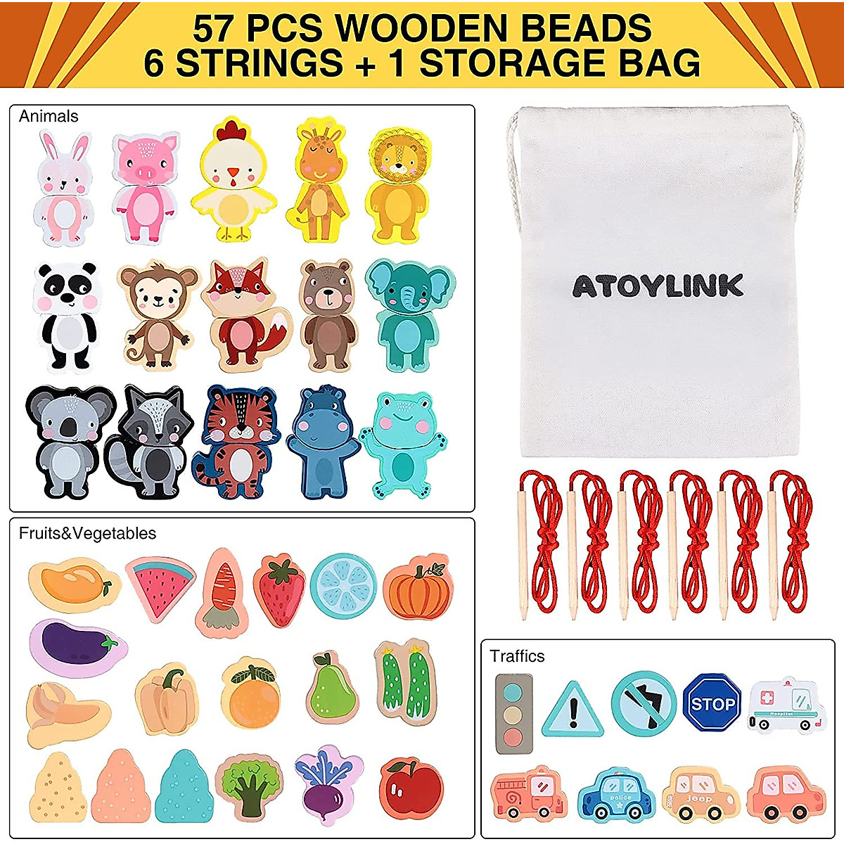 57 PCS Lacing Beads Wooden Primary String Threading Beads Animals Fruits Lacing Toy Preschool Fine Motor Skills Montessori Educational Toy for 3 4 5 6 7 8 Years Old Kids Boys Girls