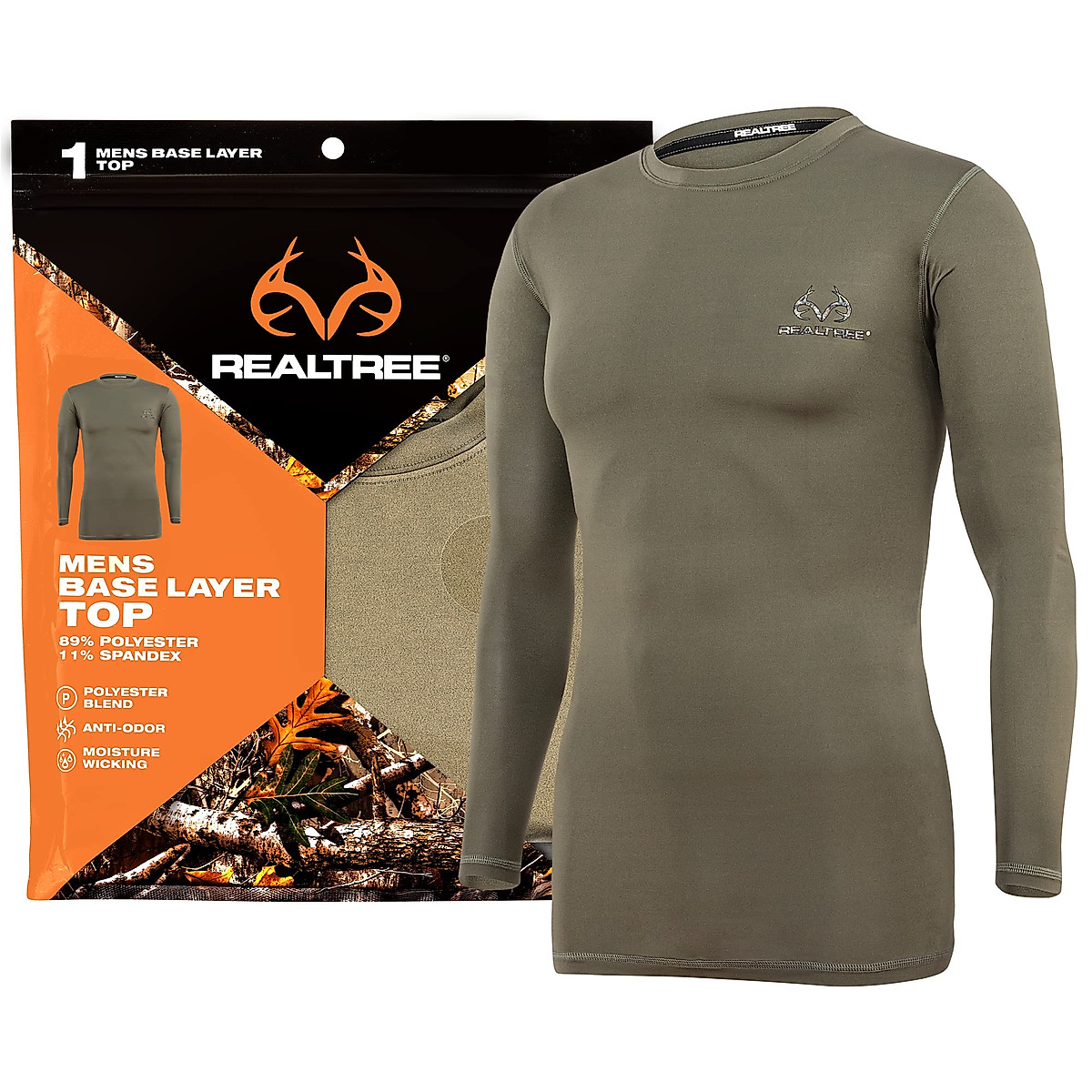 Realtree Base Layer Thermal Underwear for Men - Hunting Gear, Cold Weather Long Sleeve Shirt Long Johns Top (US, Alpha, Medium, Regular, Regular, Duffle Green)