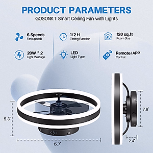 GOSONKT Low Profile 15.7" LED Small Ceiling Fan with Light - Modern, Semi-Enclosed Flush Mount, Smart APP & Remote Control, 6-Speeds, Black - Perfect for Bedroom and Living Room
