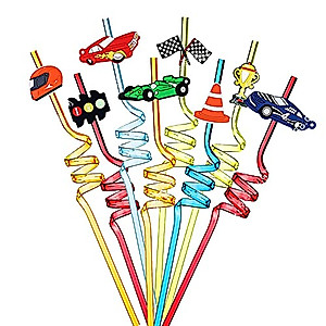 CheeseandU 12Pcs Race Car Drinking Straws Reusable Vehicle Plastic Straws Transportation Party Straws for Boys Racecar Wheels Birthday Supplies, Birthday Party Decorations, Baby Shower