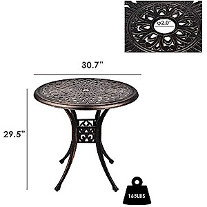 TITIMO 31 inch Diameter Outdoor Round Patio Bistro Dining Table Cast Aluminum with Umbrella Hole Conversation Table