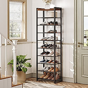 HOOBRO 10 Tier Shoe Rack, Narrow Shoe Storage Organizer with 9 Metal Shelves, Saving Space, Stable and Sturdy, Hold 18-27 Pairs of Shoes, for Entryway, Hallway, Living Room, Rustic Brown BF40XJ01