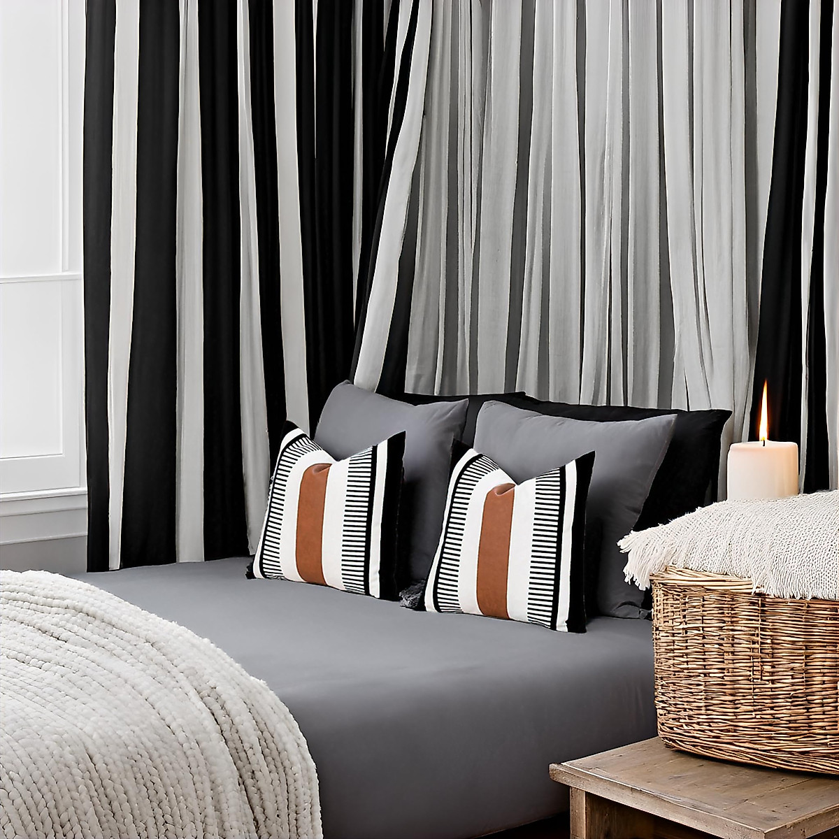 Vfuty Set of 2 Striped Boho Throw Pillow Covers 16x16 inch, Modern Leather Pillow Cover for Couch Sofa Bed, Farmhouse Decor Patchwork Accent Pillowcase, Black