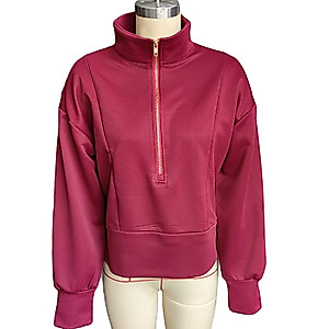 ANGGREK Women's Half Zip Sweatshirts Long Sleeve Cropped Pullover Hoodies Casual Y2K Winter Clothes,Wine Red,Large