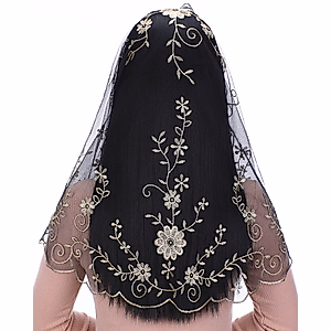 Bozidol Catholic Church Mass Veil Spanish Chapel Lace Mantilla Veil First Communion Head Covering for Girls (Black-Gold)