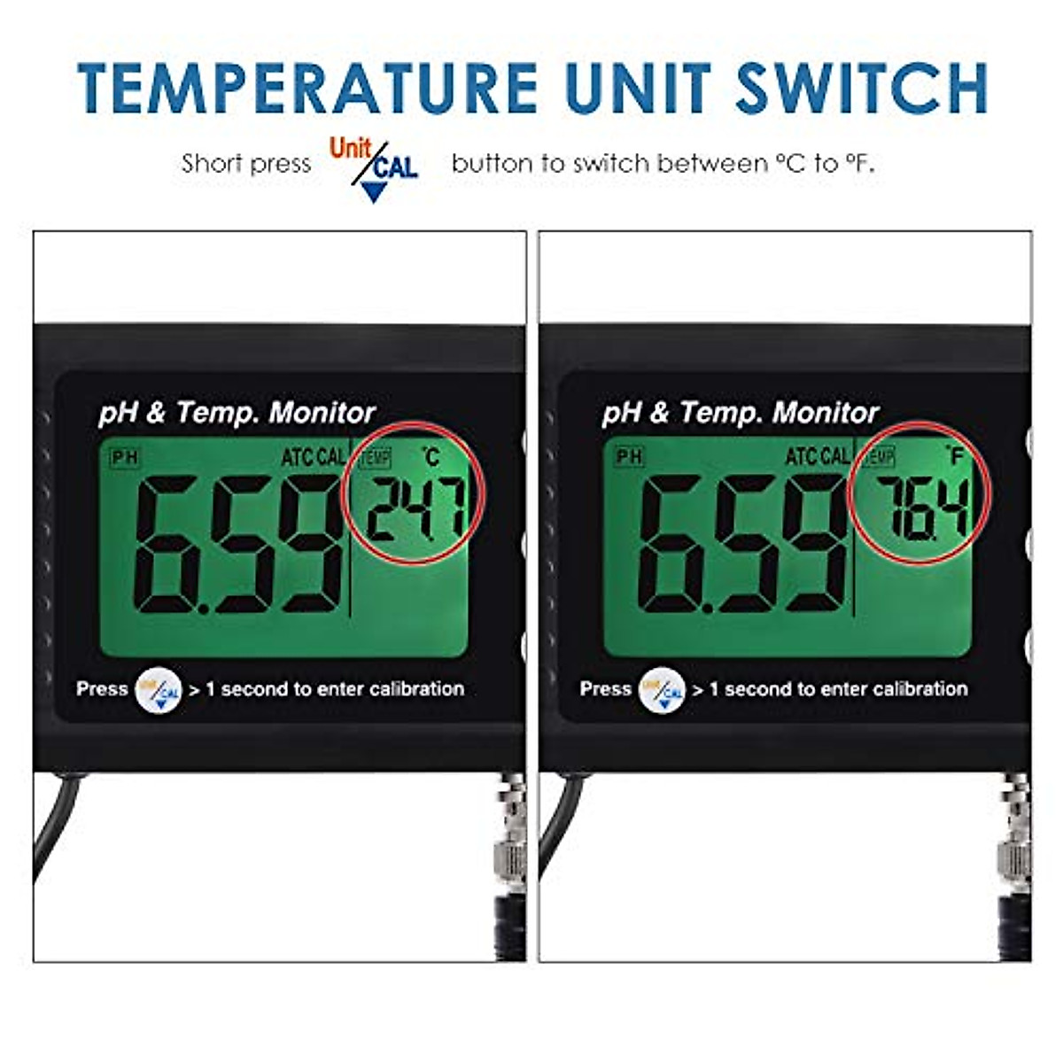 2 in 1 Temperature pH Monitor Meter Tester Sensor Test Kit 0~14 pH Automatic Calibration BNC Electrode Probe for Hydroponic ph Aquarium Meter Water Lab Food Drinking Water pH of Saltwater/Seawater