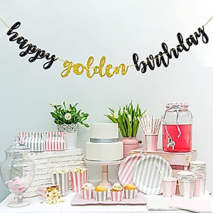Halodete Happy Golden Birthday Banner, Happy 30th 40th 50th 60th Birthday Banner, Happy Birthday Party Decorations - Black Gold Glitter