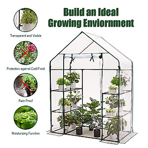 AMERLIFE Mini Walk-in Greenhouse 3 Tier 4 Shelves with PVC Cover and Roll-Up Zipper Door,for Indoor Outdoor Use Extra Hooks Wind Ropes, 77''x56''x29''