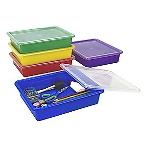 Storex Letter Size Flat Storage Tray – Organizer Bin with Non-Snap Lid for Classroom, Office and Home, Assorted Colors, Pack of 5 (62534U05C)