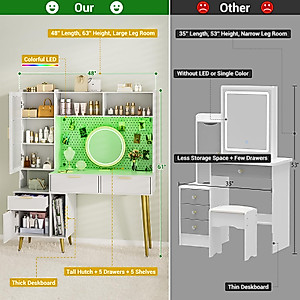 armocity 48'' Makeup Vanity with Hutch, White Bedroom Vanity with Charging Station and LED, Tall Vanity Table with Pegboard, Mirror, 5 Big Drawers & Shelves, Cabinet, Bedroom Dressing Tables, White