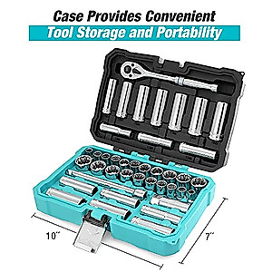 DURATECH 3/8" Drive Socket Set, 40 Piece Tool Set Including Standard (SAE) and Metric Sockets, 90-Tooth Ratchet Handle and Extension Bar