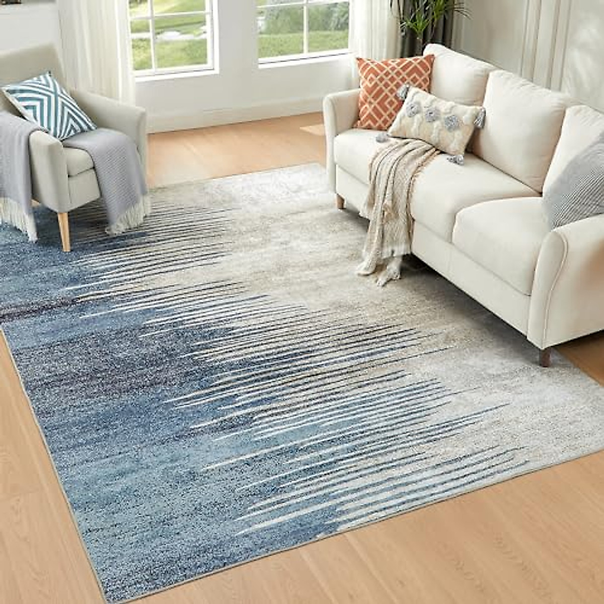 VKLIVING Washable Area Rug 9'x12' Abstract Thin Living Room Non Slip Bedroom Soft Low Pile Machine Washable Lightweight Large Area Rug, Blue&Beige