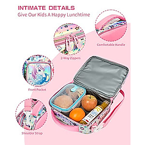 IvyH Kids Lunch Bag with Bottle Holder, Children Lunch Box with 3 Compartments, Unicorn Girls Insulated Lunchbox Bag Tote for School Travel Snacks Carrier, Pink