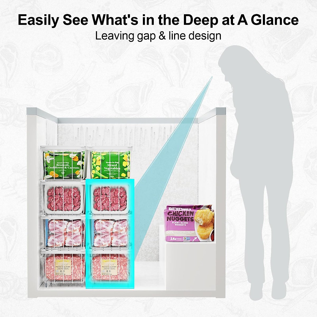 iSPECLE Deep Freezer Organizer Bins - 4 Pack Stackable Small Freezer Organizer Bins for 5 to 9 Cu.FT Small Chest Freezer Sort Frozen Food Easy to Get Food from Bottom without Digging in Freezer, White