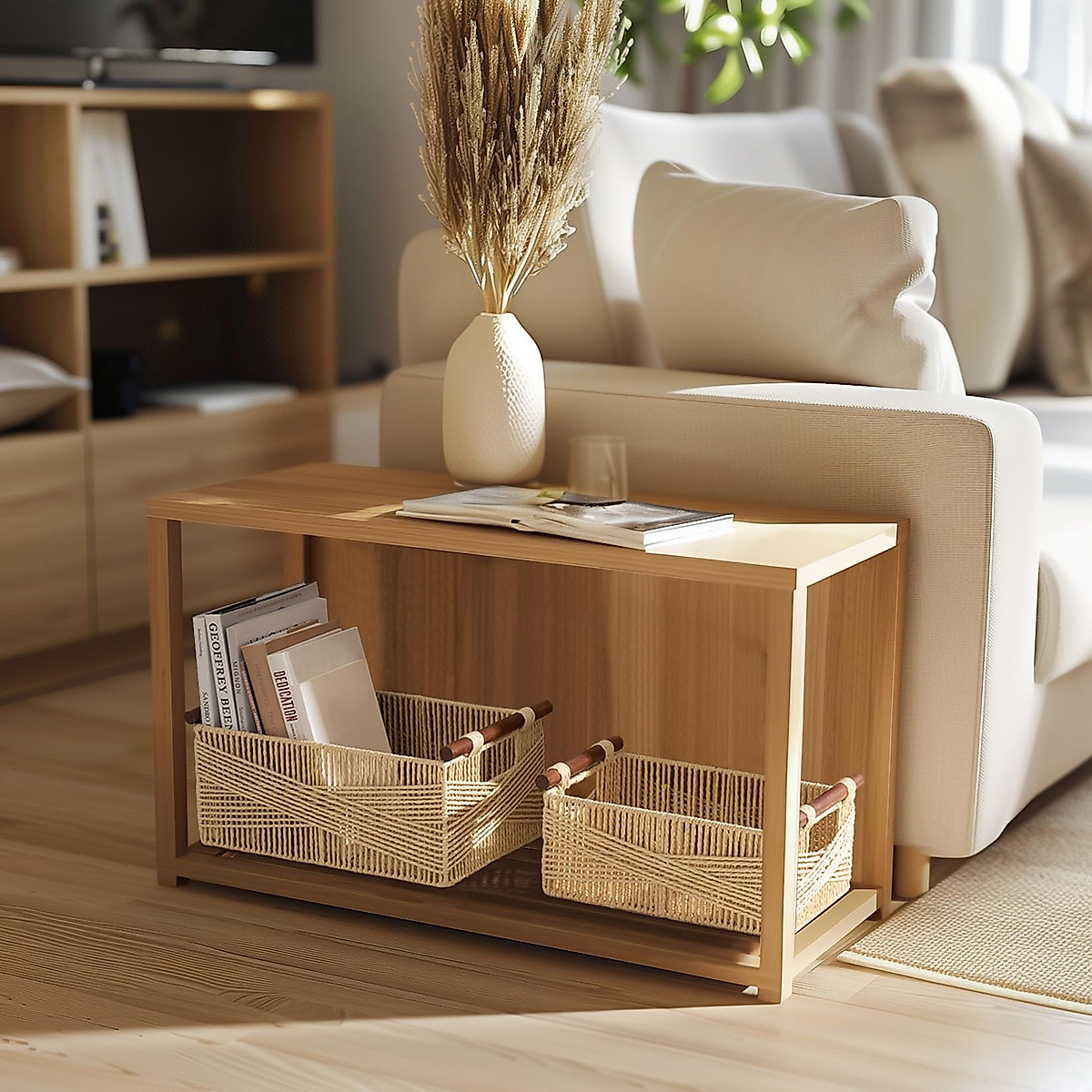 La Jolie Maison Beige Wicker Storage Baskets for Organizing, Recyclable Paper Rope Rectangular Baskets with Wood Handles, Decorative Hand Woven Basket Bins for Shelves, Set of 2