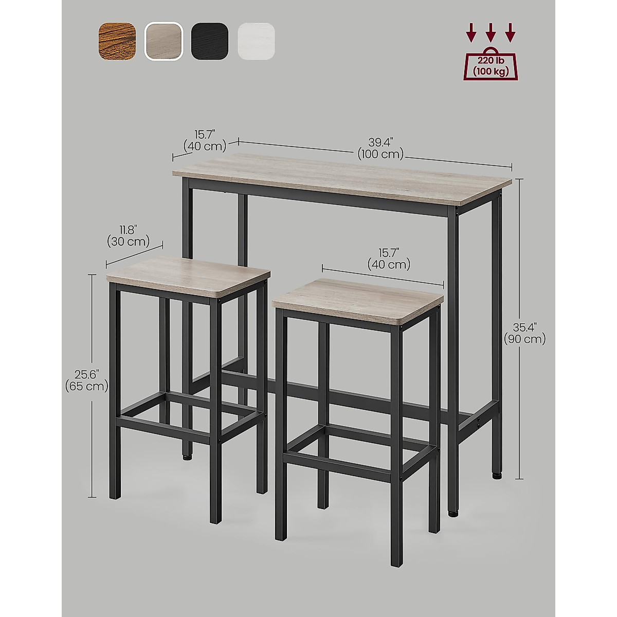 VASAGLE Dining Table Set, Bar Table and Chairs Set, Kitchen Bar Height Table with Stools Set of 2, Steel Frame, Industrial, 39.4 x 15.7 x 35.4 Inches, Heather Greige and Ink Black ULBT218B02