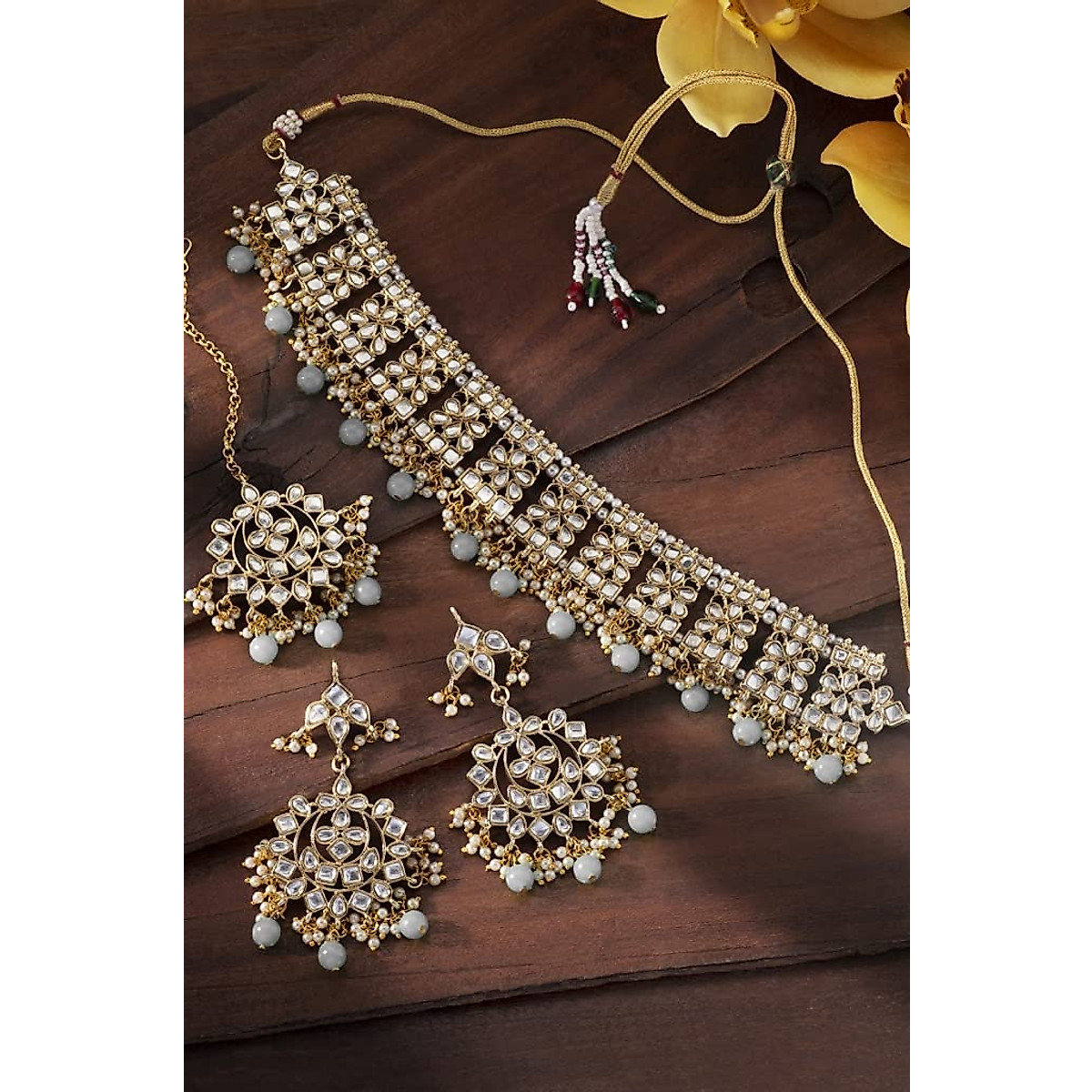 Aheli Elegant Indian Faux Kundan Studded Choker Necklace with Maang Tikka Set Ethnic Wedding Wear Fashion Jewelry for Women Grey
