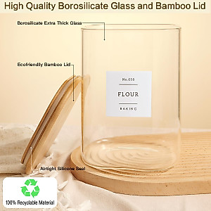 Large glass flour and sugar containers with 132 Kitchen Pantry Labels - 110 oz Glass Food Storage Containers with Airtight Lids - Square Glass Jars with Bamboo Lids for Rice, Pasta, Cookies, grain