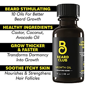 Beard Club - Beard Growth Oil - Grow A Thicker Fuller Beard, Fill in Patches - Healthy Natural Castor, Coconut and Avocado Beard Growth Serum to Stimulate Thicker, Fuller, Healthier Facial Hair Growth