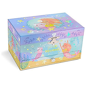 Jewelkeeper Girl's Mermaid Musical Jewelry Storage Box Pullout Drawer, Rainbow Design with Gold Foil, Over the Waves Tune