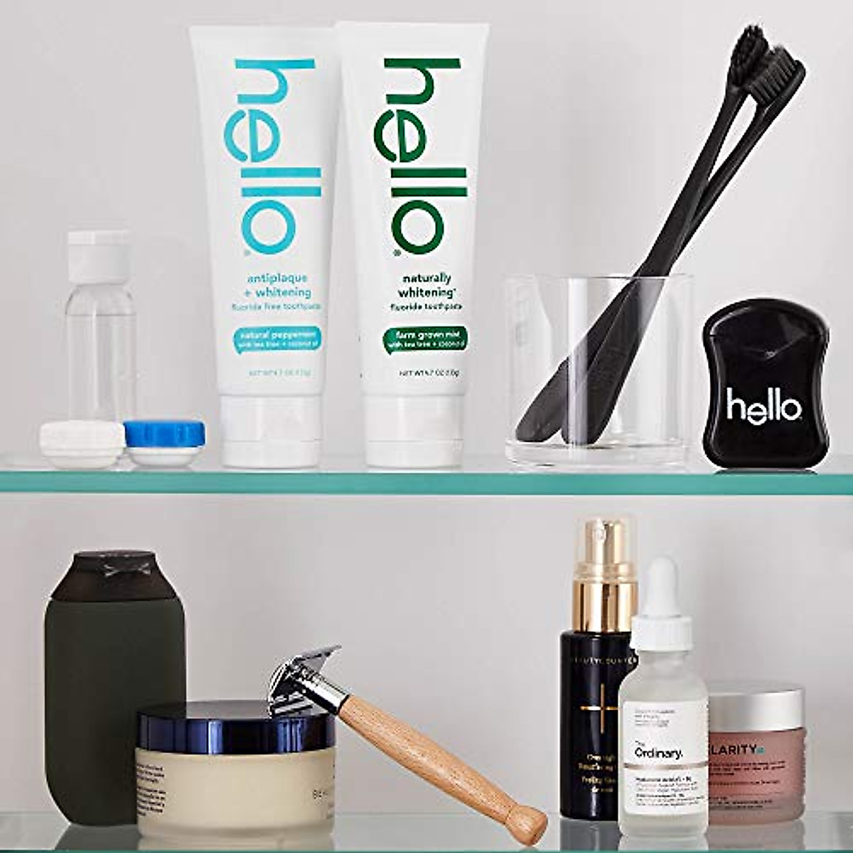 Hello Naturally Whitening Fluoride Toothpaste and Naturally Fresh Antiseptic Mouthwash, Farm Grown Mint, Alcohol Free, Vegan, SLS Free and Gluten Free, 4.7 Ounce Tubes (Pack of 2), 16 Ounce Bottle