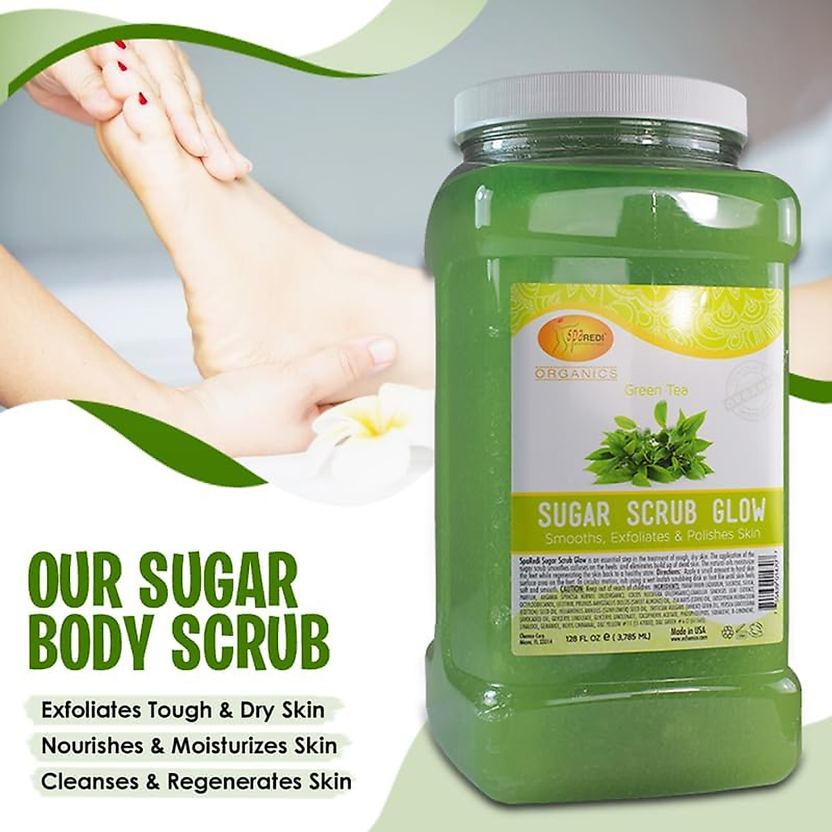 SPA REDI - Sugar Body Scrub, Green Tea, 128 Oz - Exfoliating, Moisturizing, Hydrating and Nourishing, Glow, Polish, Smooth and Fresh Skin - Body Exfoliator