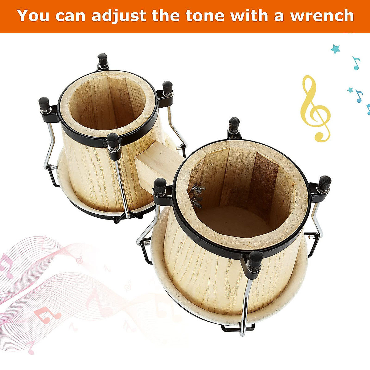 Bongo Drums 2 Set 6" and 7" Drum Set Bongos for Adults, Musical Latin Percussion Instruments Traditional Wood Bongos with Tuning Wrench