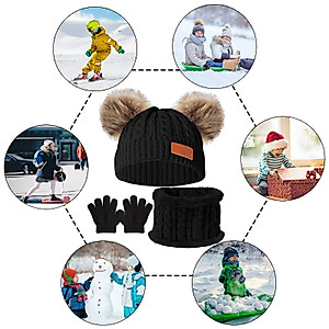 Kids Winter Beanie Hat Scarf Gloves Set, Toddlers Knit Winter Warm Double Pompom Cap Scarf Gloves for 1-5 Years Old (Black)
